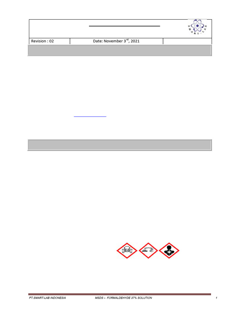 SmartLab MSDS - FORMALDEHYDE - 37 - SOLUTION | PDF | Formaldehyde | Toxicity