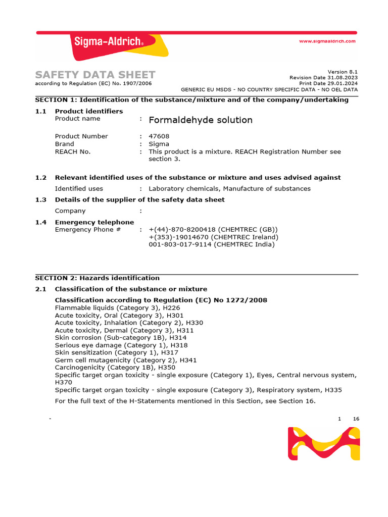 Merck Formaldehyde MSDS | PDF | Toxicity | Dangerous Goods