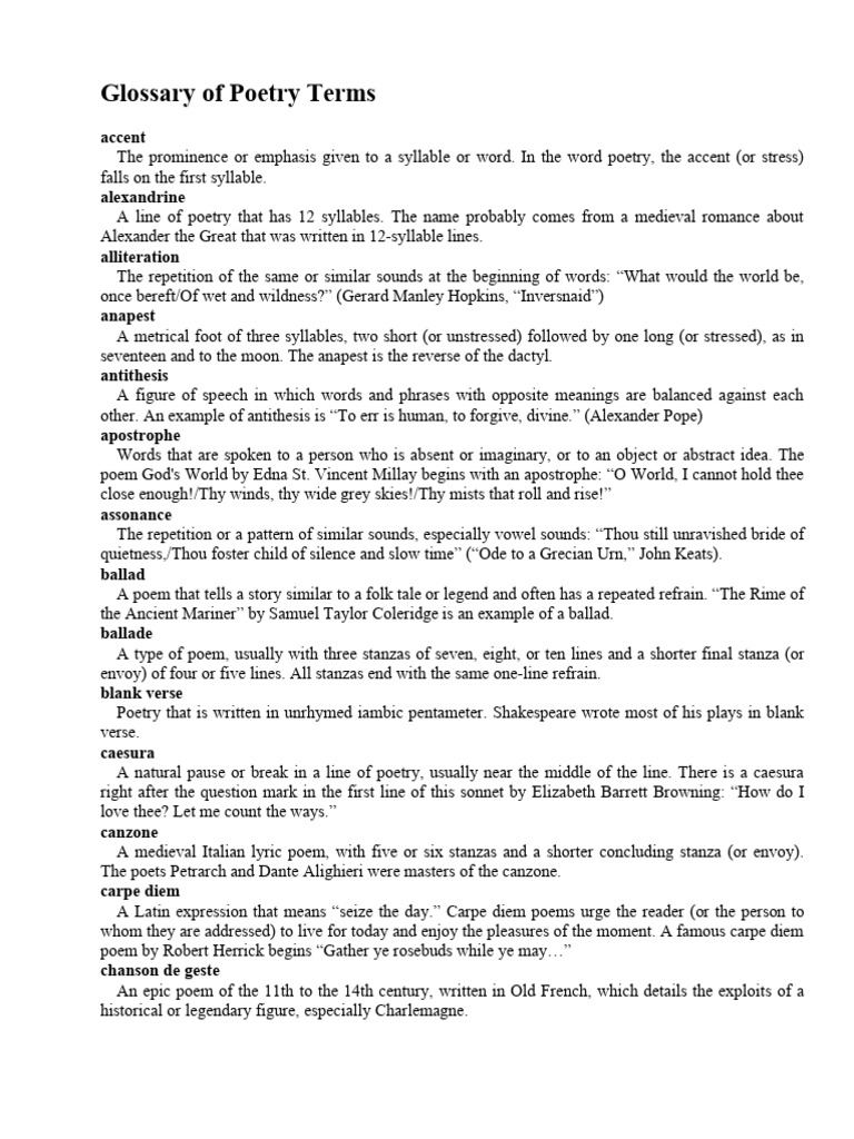 Poetry Terms Glossary | PDF | Poetry | Metre (Poetry)