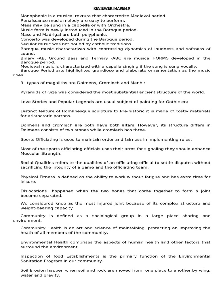 Reviewer Mapeh 9 Q1 | PDF | Baroque