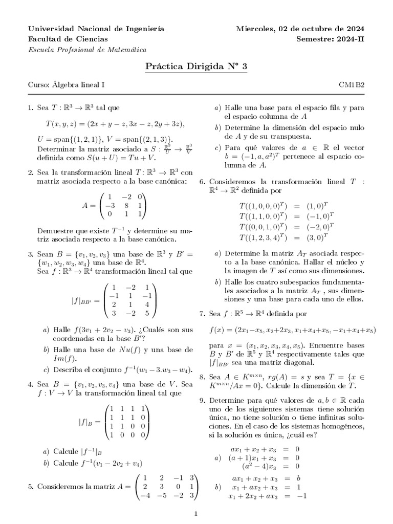 Práctica de Álgebra Lineal I - UNI | PDF | Mapa lineal | Matriz ...