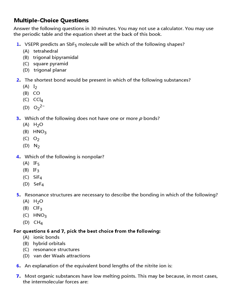 Chemistry Multiple-Choice Questions | PDF | Chemical Bond | Physical ...