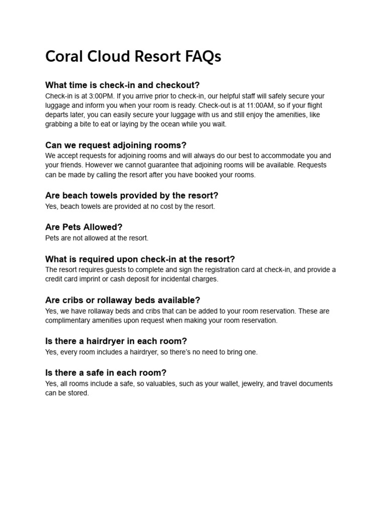 Coral Cloud Resort FAQs | PDF