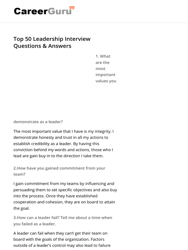 Top 50 Leadership Interview Questions & Answers | PDF | Goal | Leadership