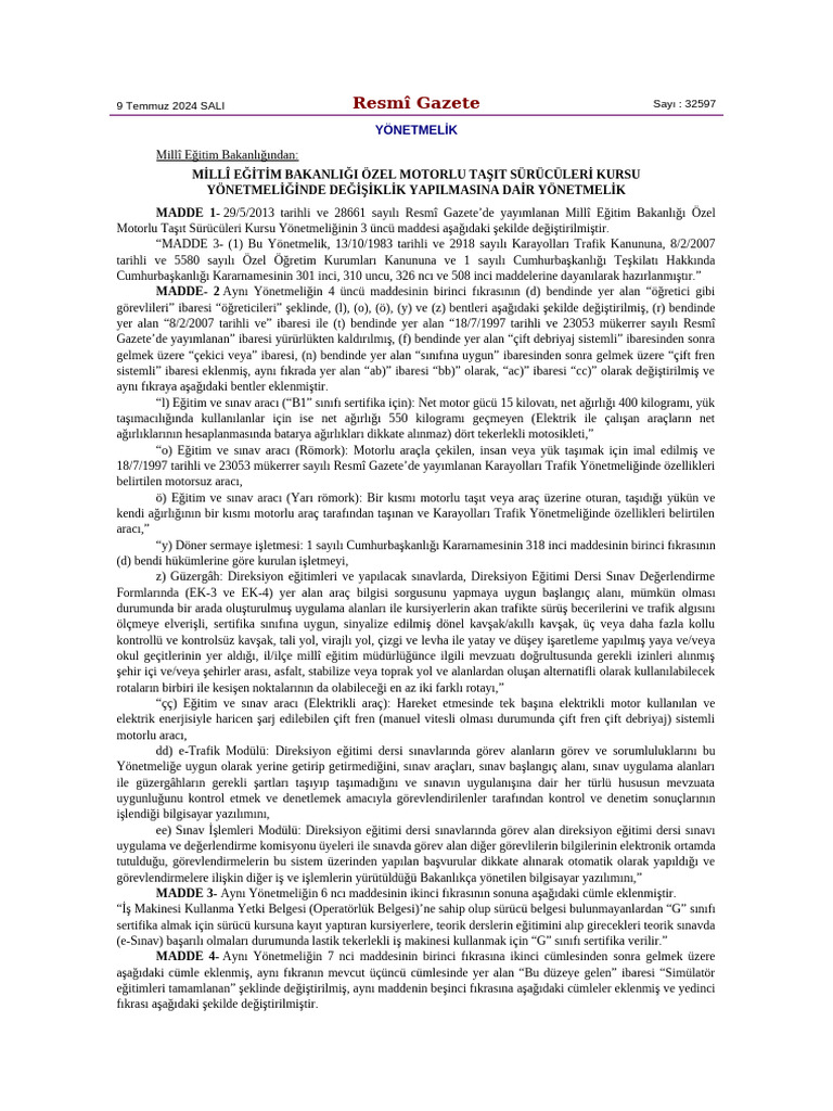 9 Temmuz 2024 SALI MOTORLU TAŞITLAR İLE İLGİLİ RESMİ GAZETE | PDF
