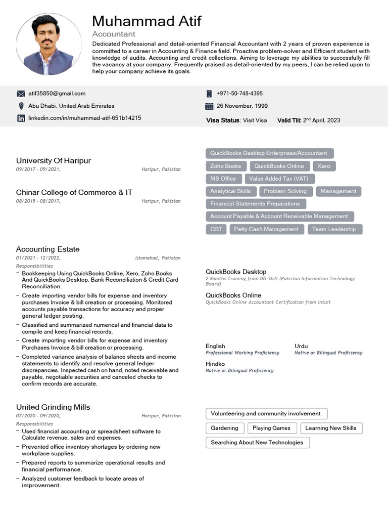 Muhammad Atif CV | PDF | Quick Books | Accounts Payable