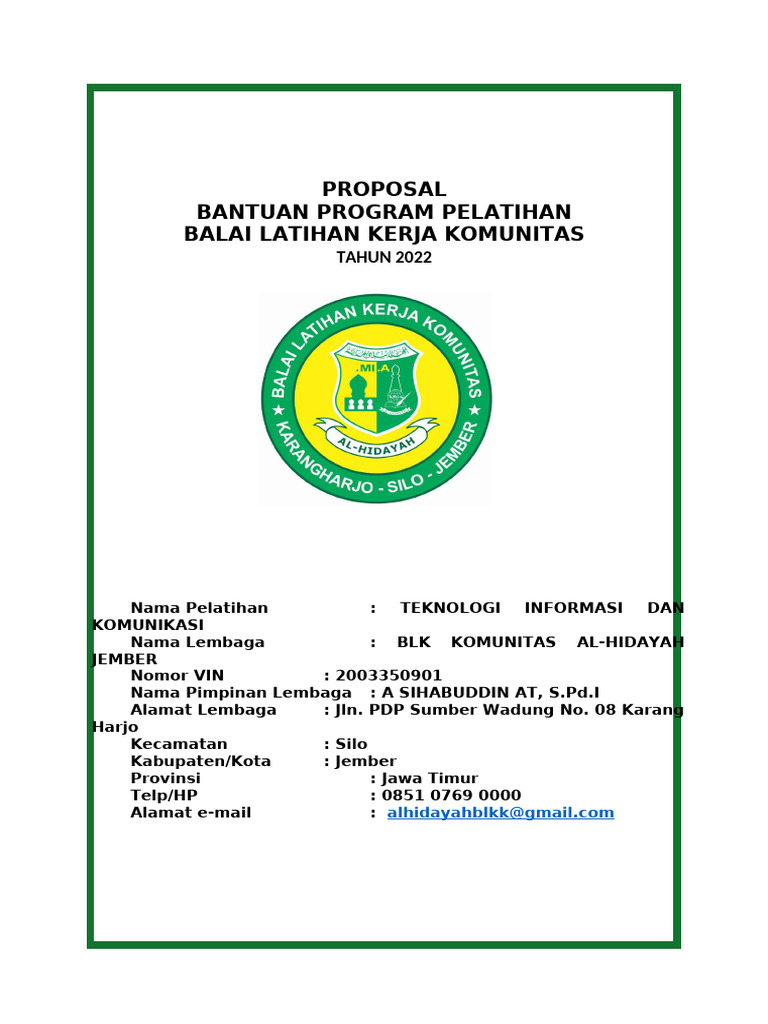 Proposal Banprog BLKK Al-Hidayah Jember Tahun 2022 | PDF