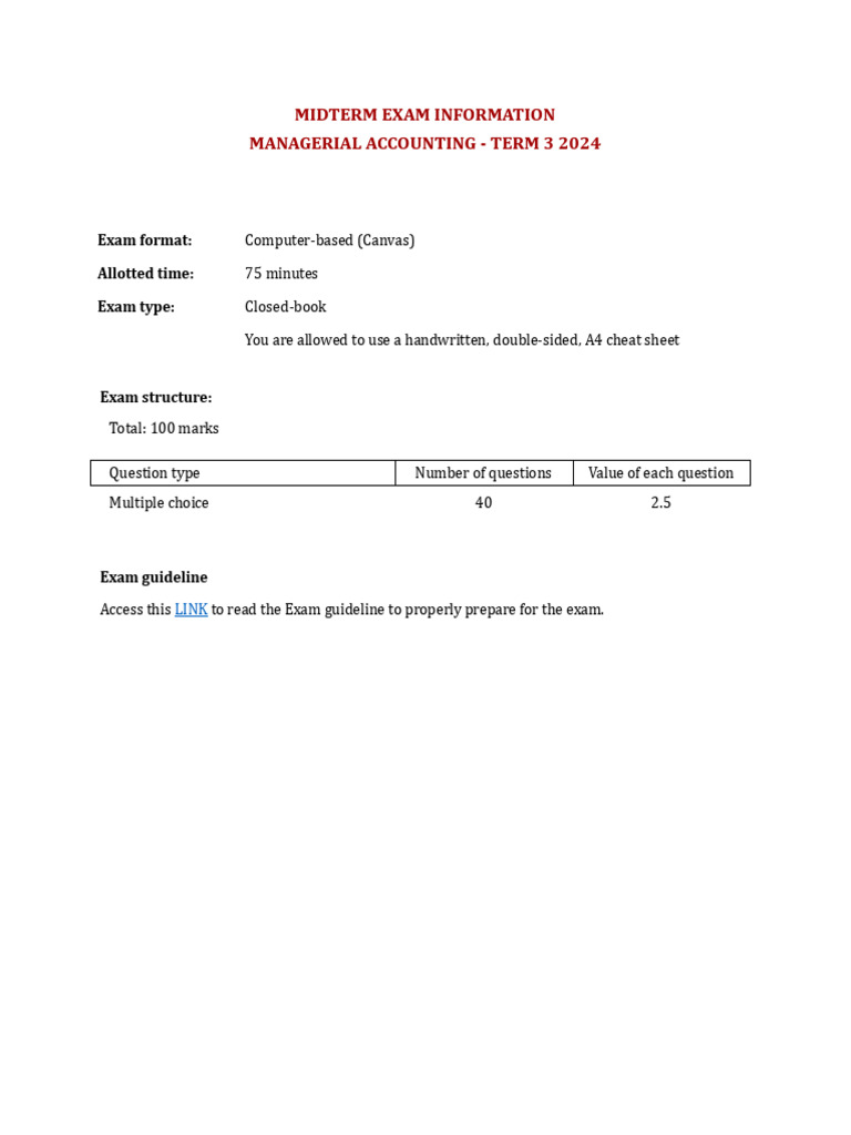 Managerial Accounting Midterm Exam Guide | PDF