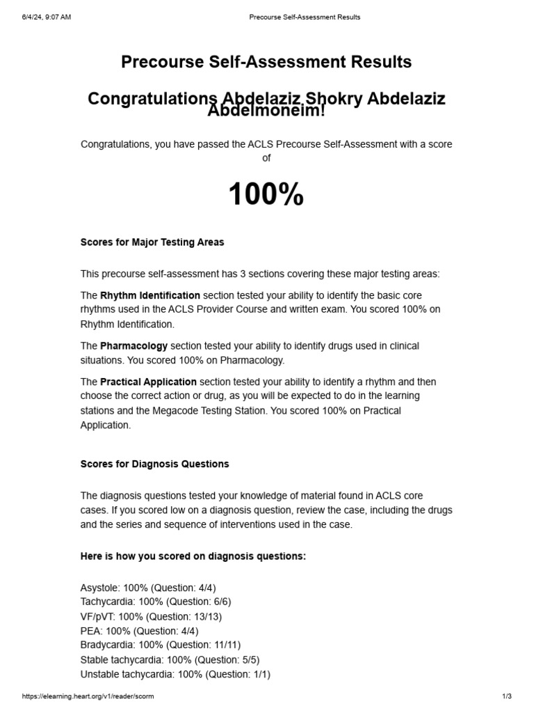 AHA Elearning - ACLS Precourse Self-Assessment and Precourse Work ...