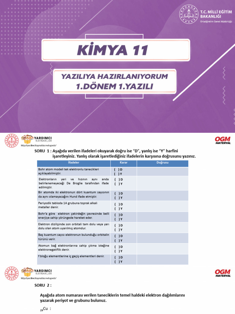 11.sinif Kimya 1. Donem 1. Yazili Sinav Sorulari | PDF