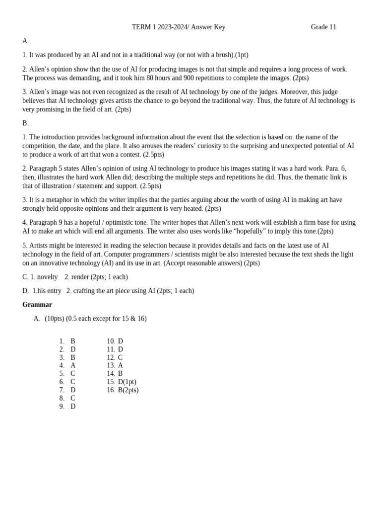 Grade 11 AI Art Competition Answer Key | PDF | Computers