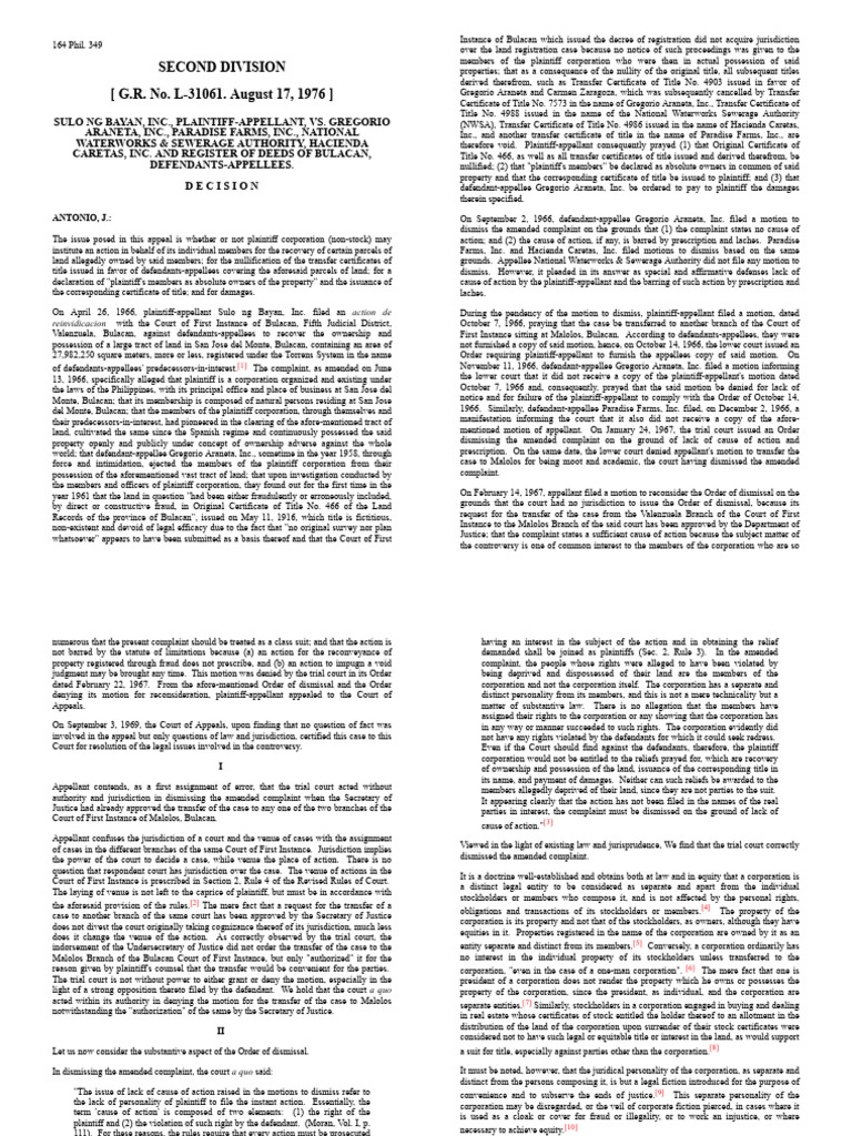 Sulo NG Bayan v. Araneta, 72 S 347 | PDF | Lawsuit | Cause Of Action