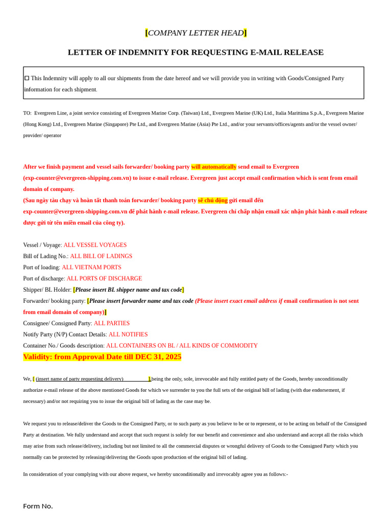 Email Release Indemnity Letter | PDF | Bill Of Lading | Cargo