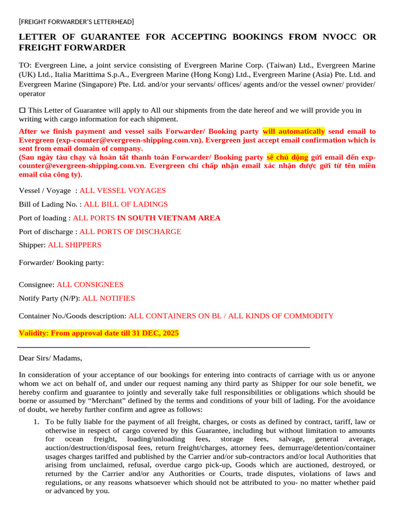Evergreen Freight Booking Guarantee | PDF | Cargo | Bill Of Lading