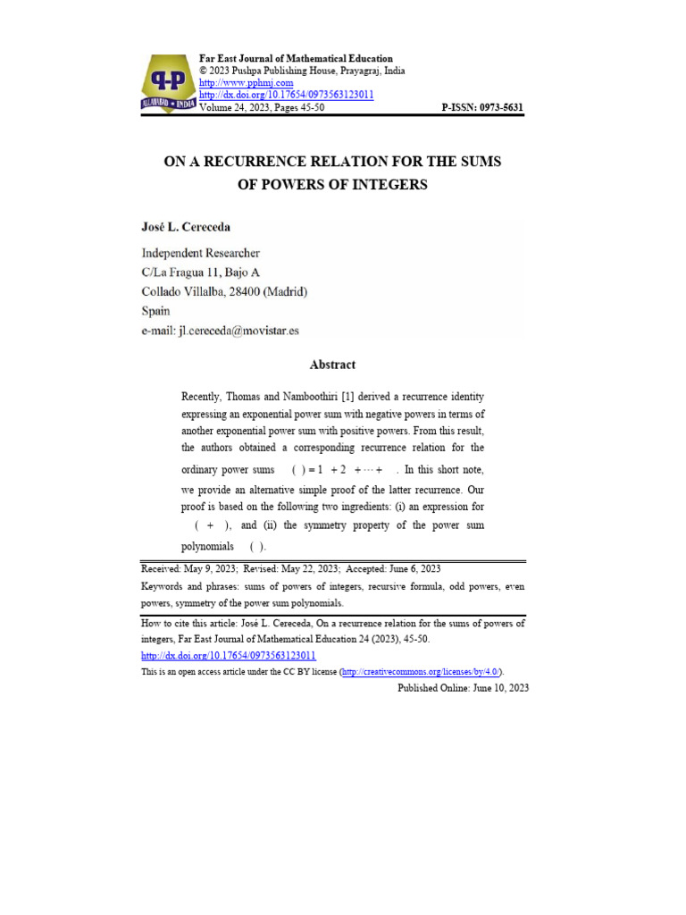 On A Recurrence Relation For The Sums of Powers of Integers: Far East ...