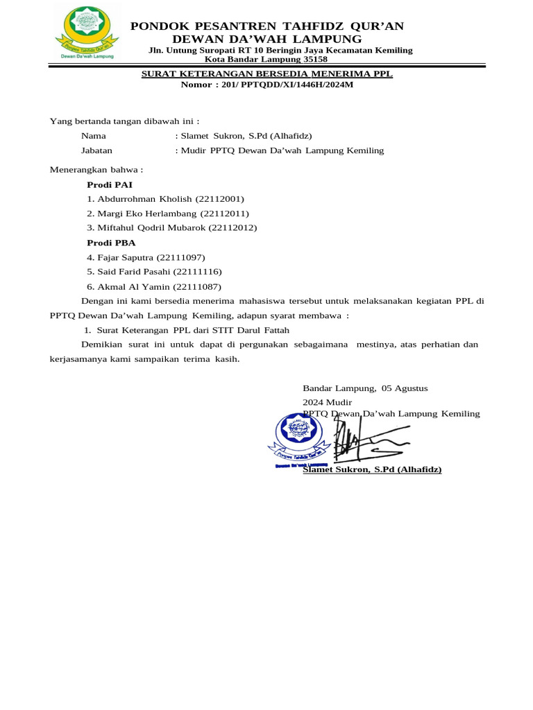Surat Keterangan Menerima MAHASISWA PPL | PDF