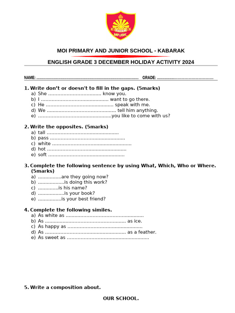 Grade 3 English Holiday Activity | PDF | Language Arts & Discipline