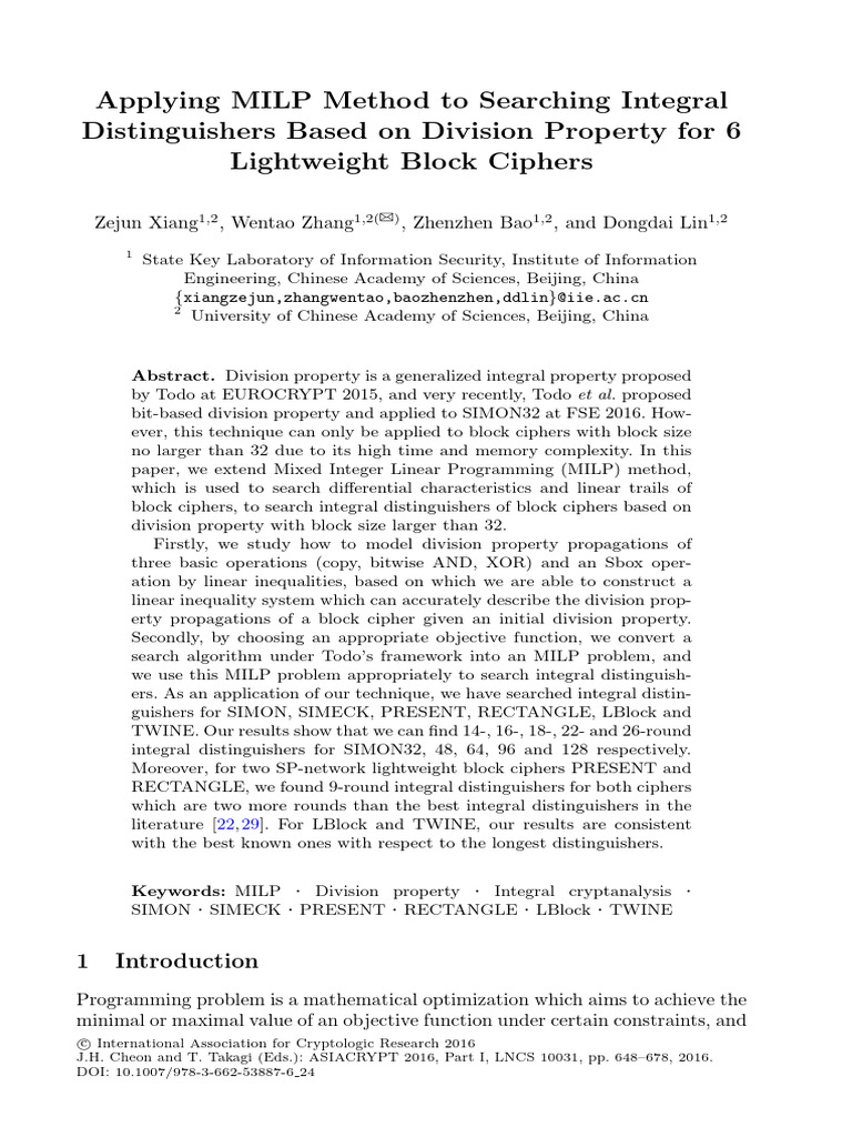 Applying MILP Method To Searching Integral Distinguishers Based On Division Property For 6 ...