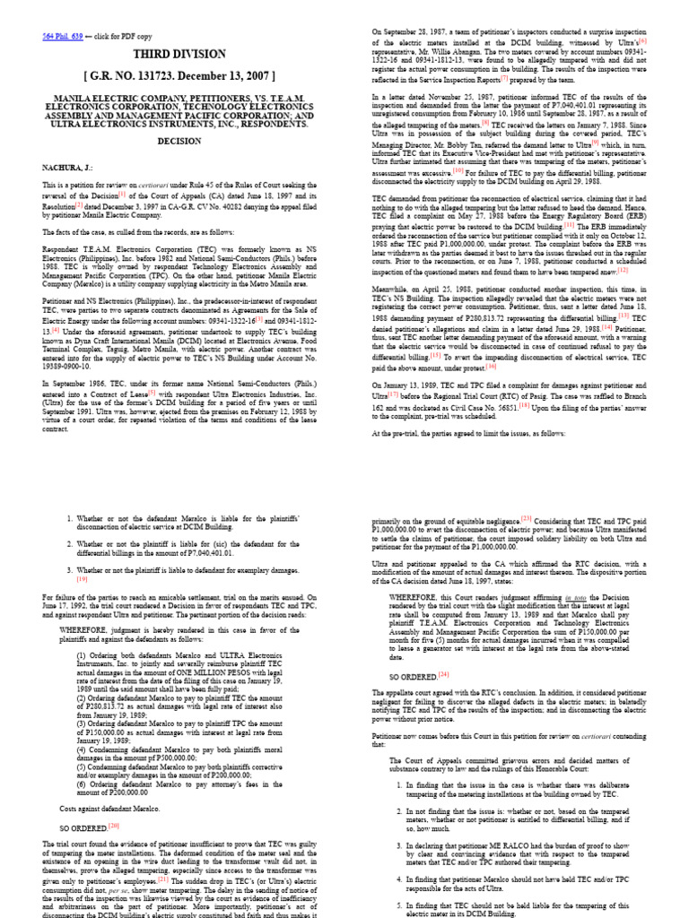 Meralco vs. TEAM Electronics, December 2007 | PDF | Damages | Negligence