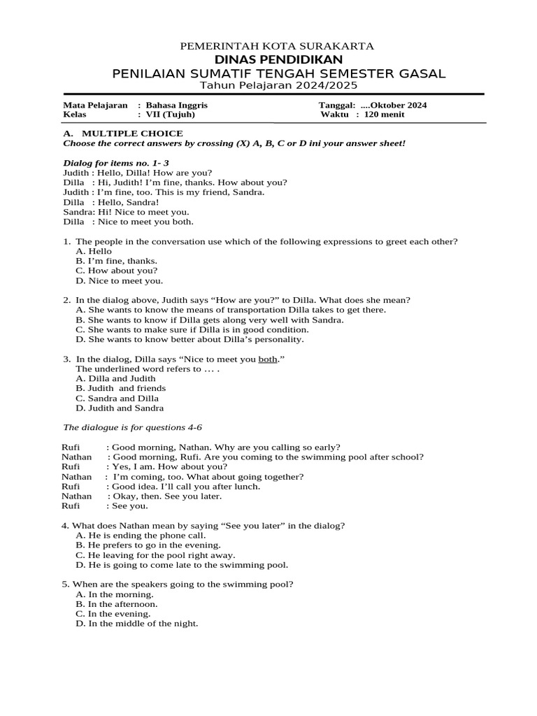 Soal PSTS Gasal Basing Klas 7 (Utama) | PDF | Language Arts & Discipline