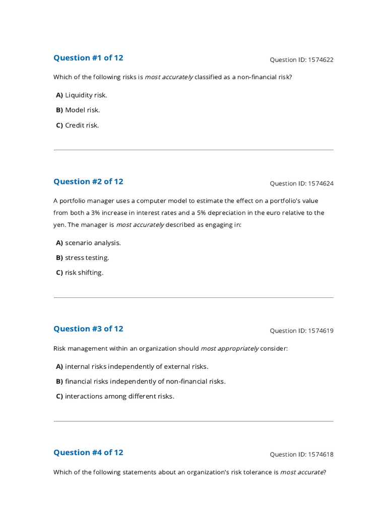 Risk Management Quiz: Key Concepts | PDF | Risk | Value At Risk