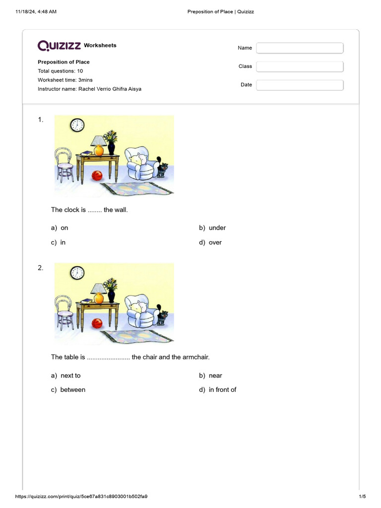 Preposition of Place - Quizizz | PDF
