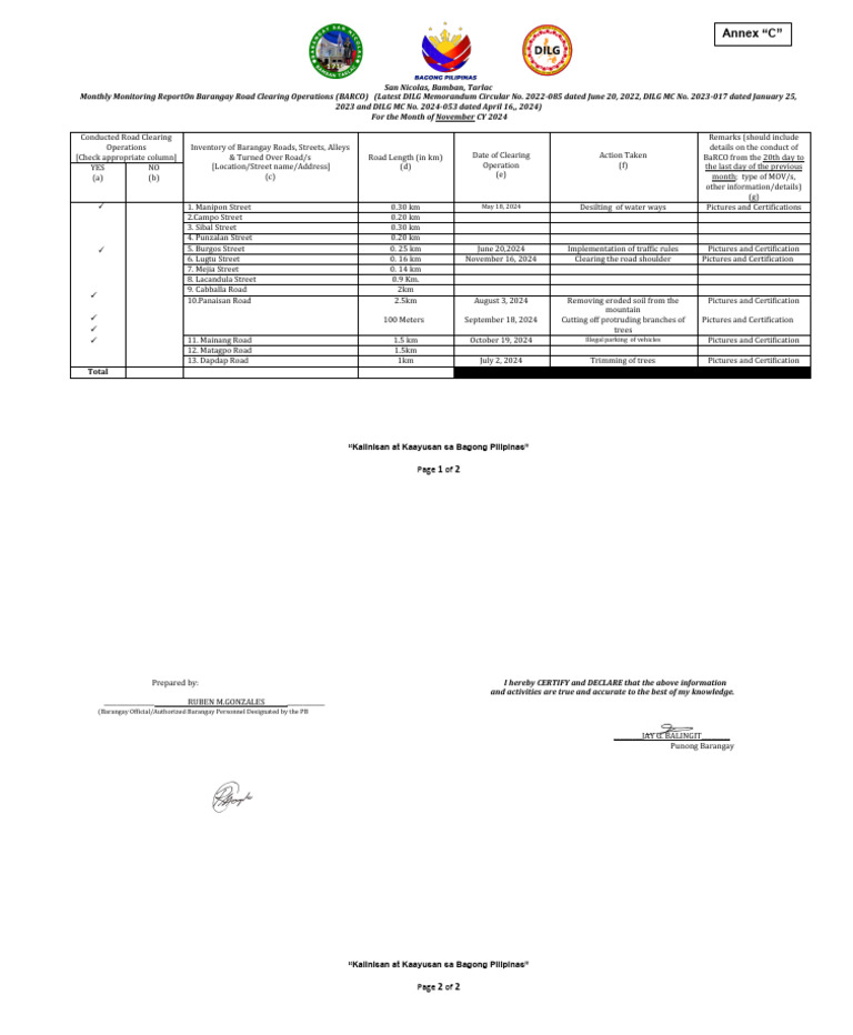Annex C - Barangay BaRCO Monthly Monitoring Report Template With PB - S ...