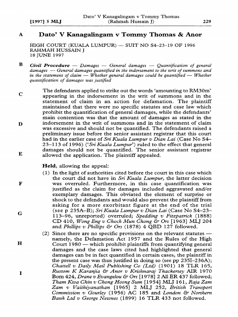 DATO' V KANAGALINGAM V TOMMY THOMAS & ANOR | PDF