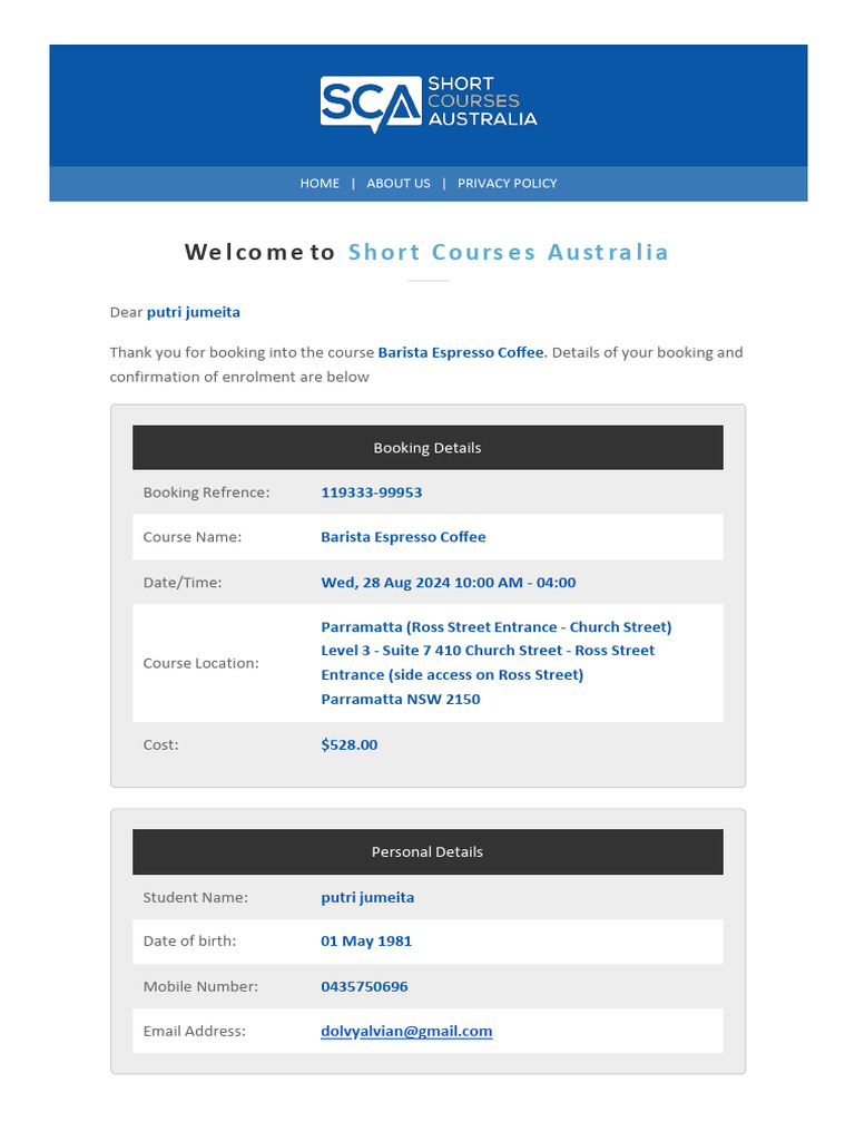 Barista Espresso Coffee Course - Booking Confirmation | PDF