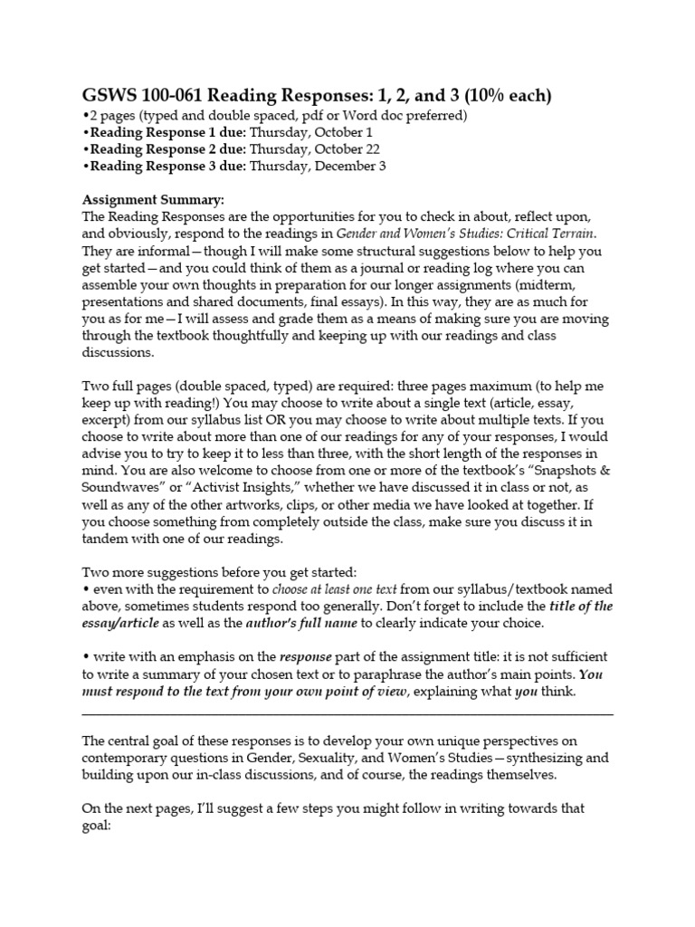 G100 061 Reading Responses Handout | PDF | Intersectionality | Feminism