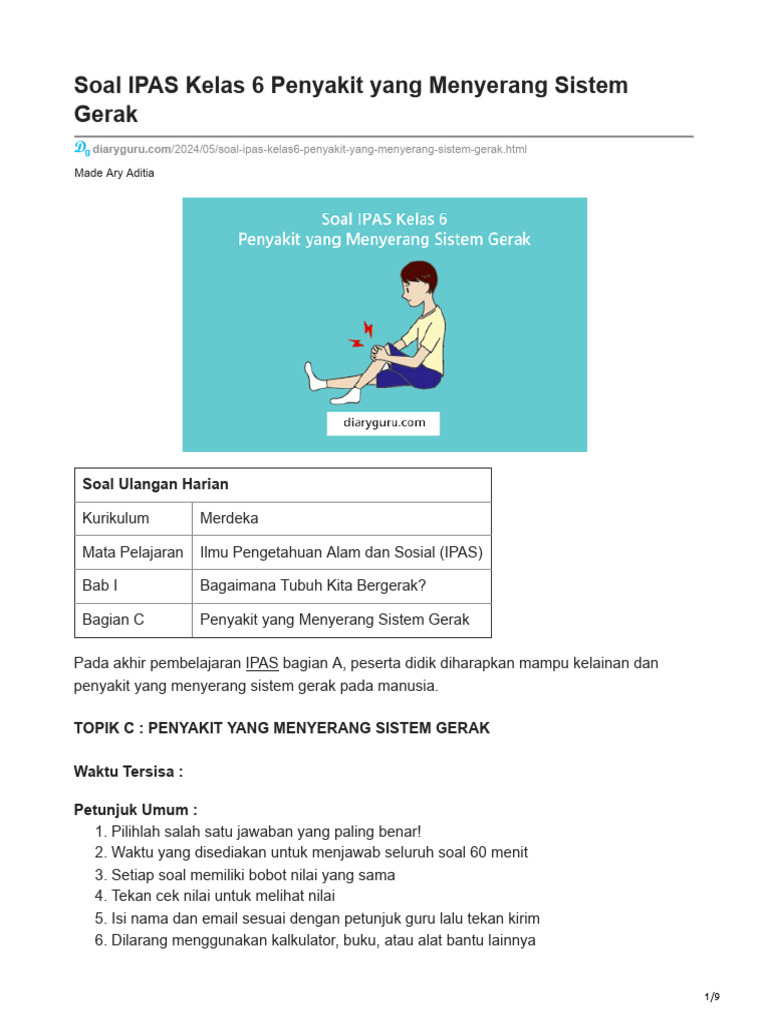 Soal IPAS Kelas 6 Penyakit Yang Menyerang Sistem Gerak | PDF
