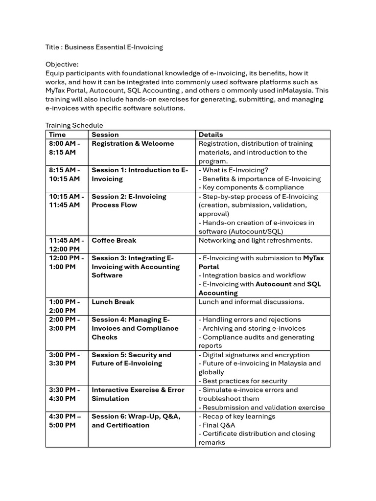 Course Schedule (Business Essentials-E Invoicing) | PDF | Computing