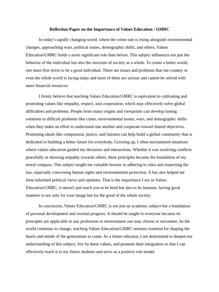 Reflection Paper On The Importance of GMRC | PDF | Empathy | Morality