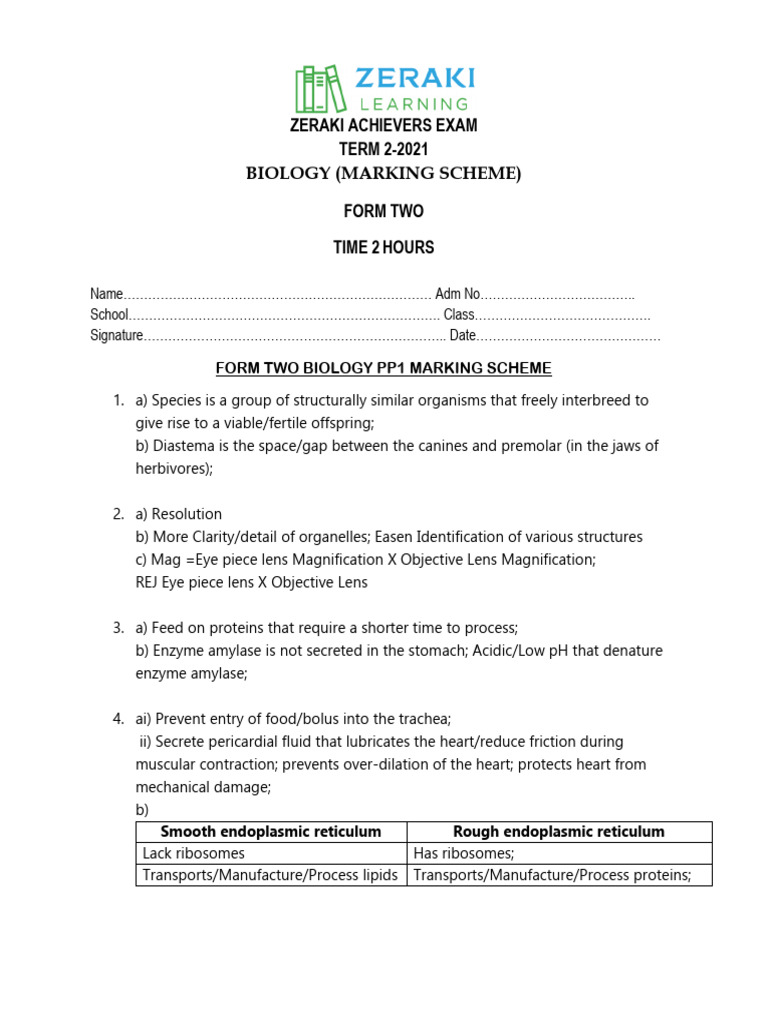 Biology-Zeraki Achievers 4.0 - Marking Scheme | PDF | Photosynthesis ...