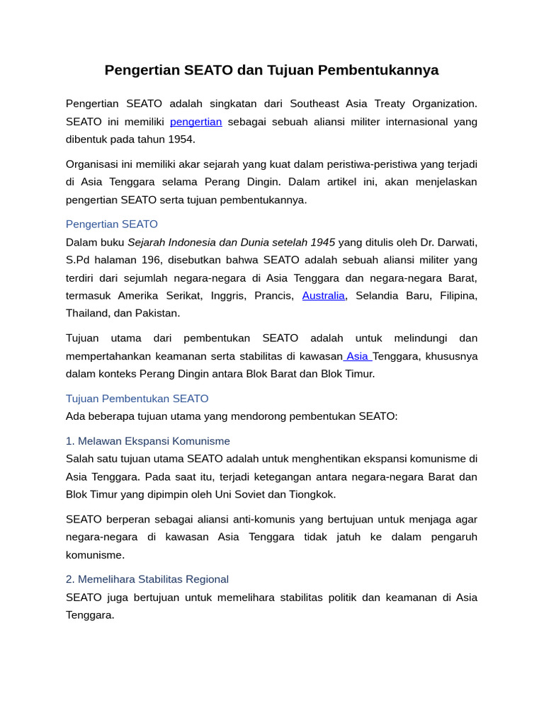 Pengertian dan Tujuan SEATO | PDF