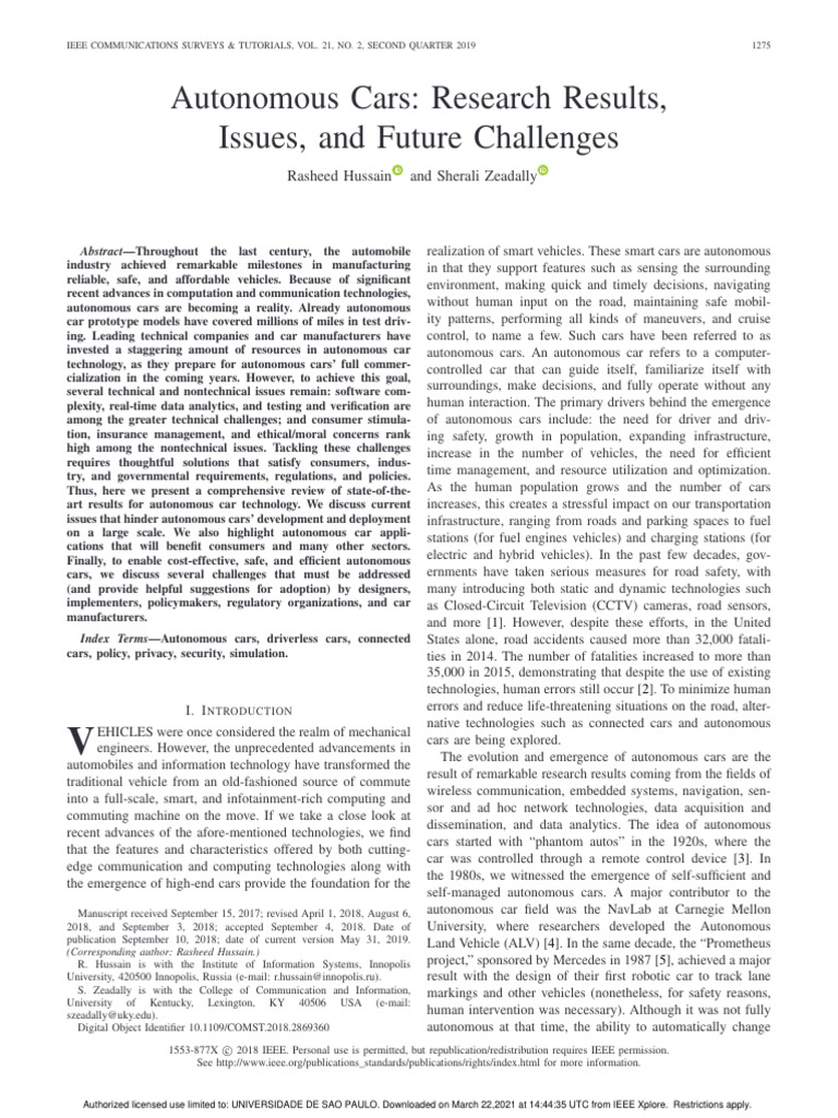 Autonomous Cars - Research Results, Issues, and Future Challenges ...