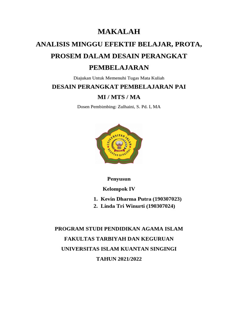 Makalah Kelompok 4 Analisis Minggu Efektif, Prota Dan Prosem | PDF | Karier & Perkembangan