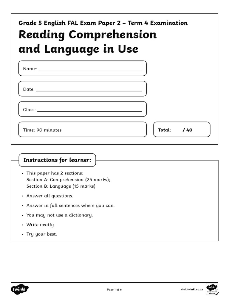 Grade 5 English FAL Term 4 Exam Paper | PDF | Whales | Dolphin