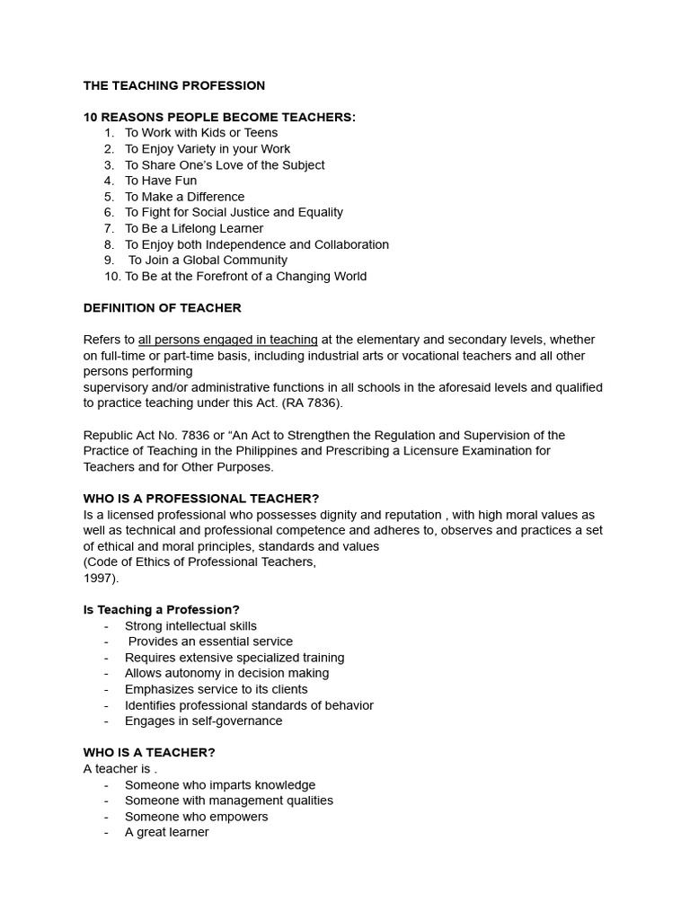 The Teaching Profession 10 Reasons People Become Teachers | PDF ...