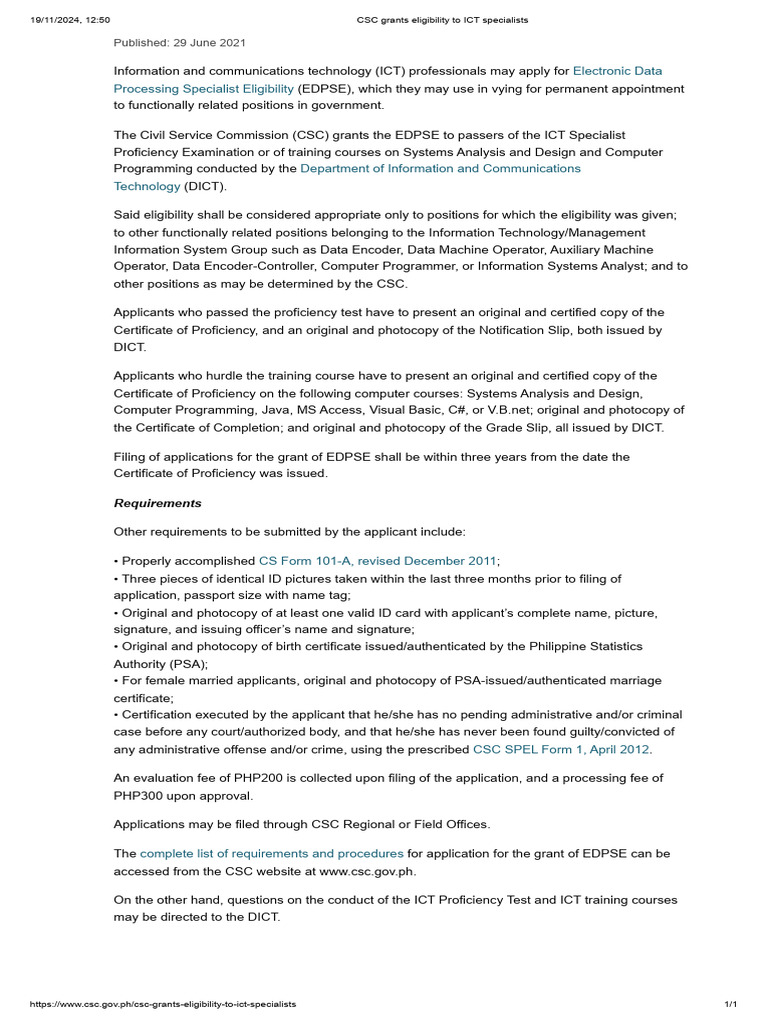 CSC Grants Eligibility To ICT Specialists | PDF | Finance & Money ...