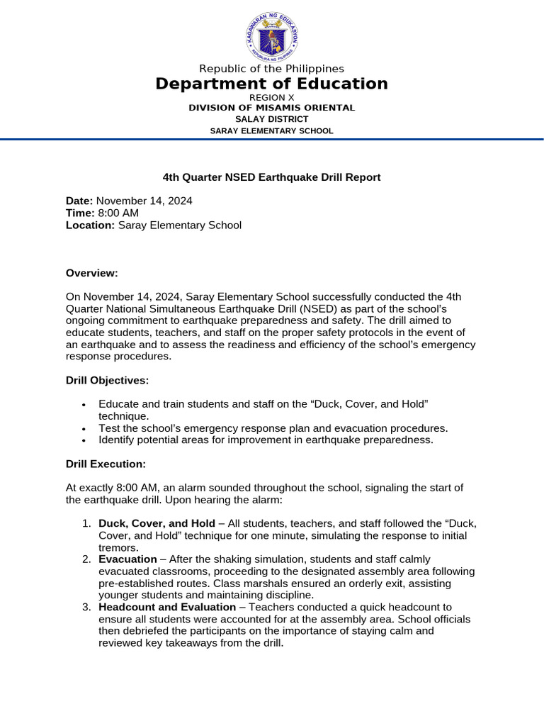 4th Quarter NSED Earthquake Drill Report | PDF