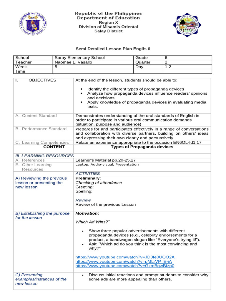 English6 Lesson Plan Q2W5 | PDF | Propaganda | Learning