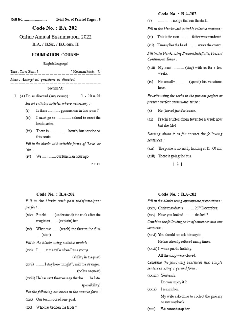 Code No.: BA-202: Online Annual Examination, 2022 | PDF | Linguistics