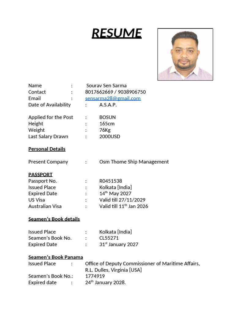 RESUME - Sourav Sen Sarma | PDF | Ships | Shipping