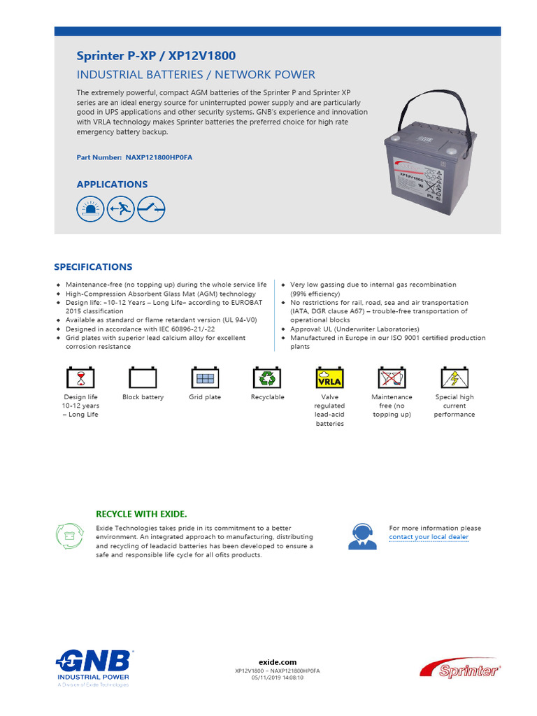 Sprinter XP12V1800 Battery Datasheet | PDF | Electricity | Electrical ...