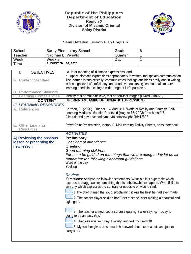 Lesson Plan: Understanding Idioms in English 6 | PDF | Idiom