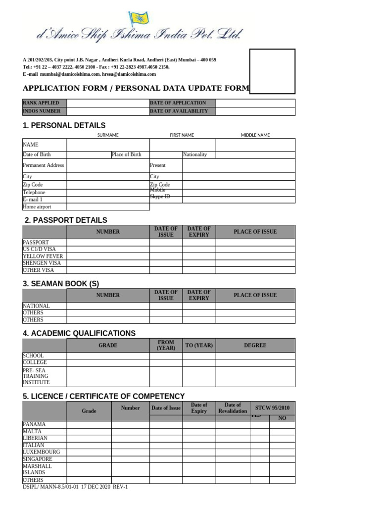 Application Form D'Amico Ishima India - Dec 2021 | PDF | Shipping