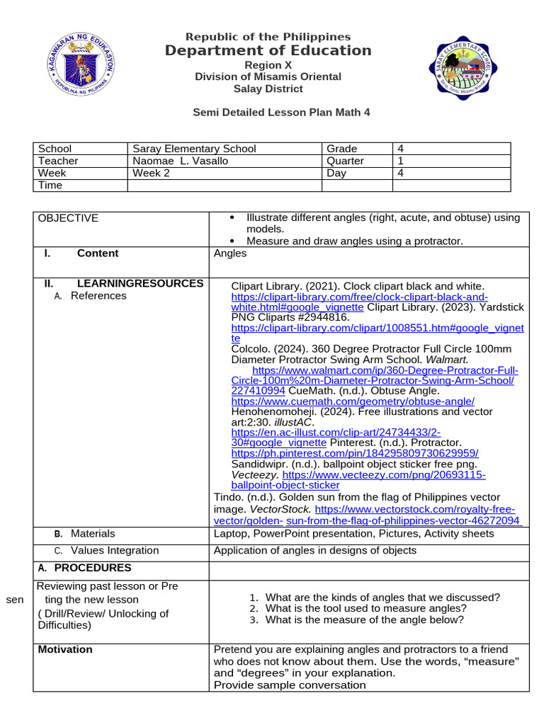 Lesson Plane Math 4 Q1W2 | PDF | Angle | Geometry