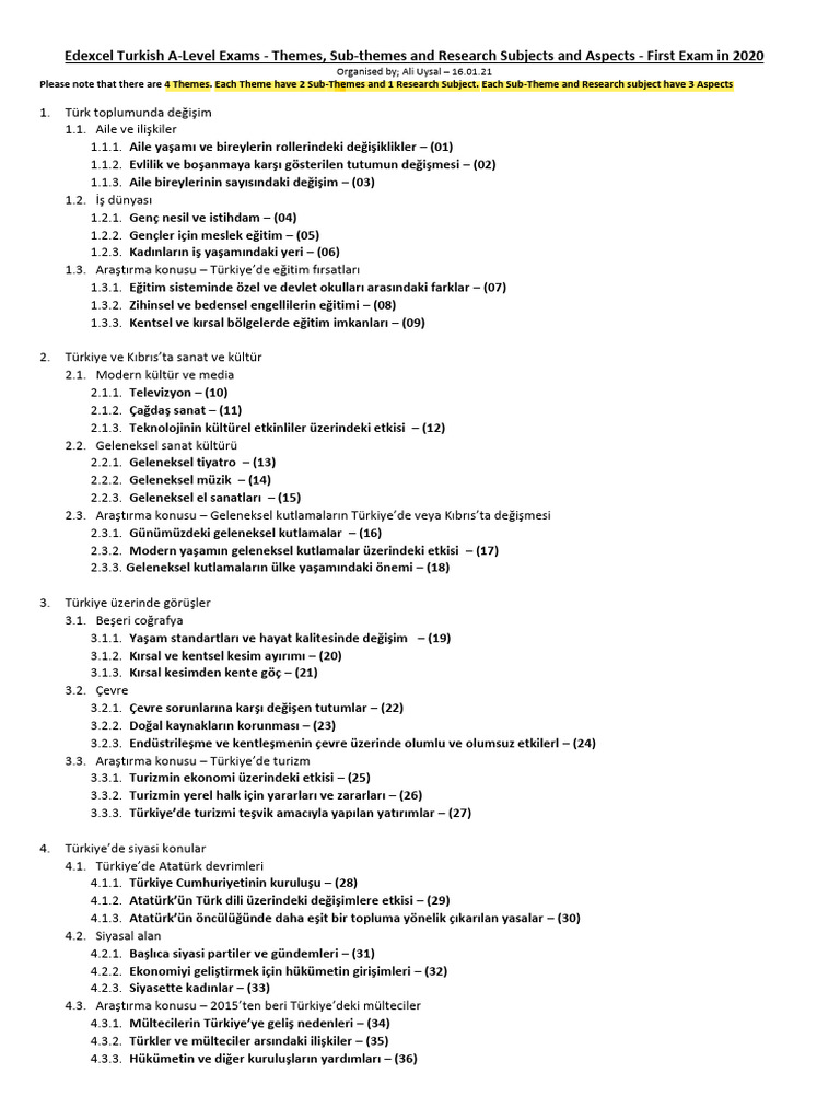 Edexcel Turkish A Level Subjects and Exams Summary | PDF