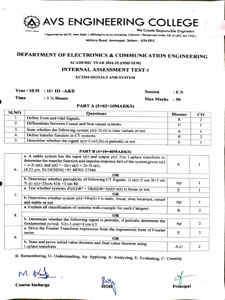 Signals and Systems - Internal Question Paper | PDF | Laplace Transform | Telecommunications ...